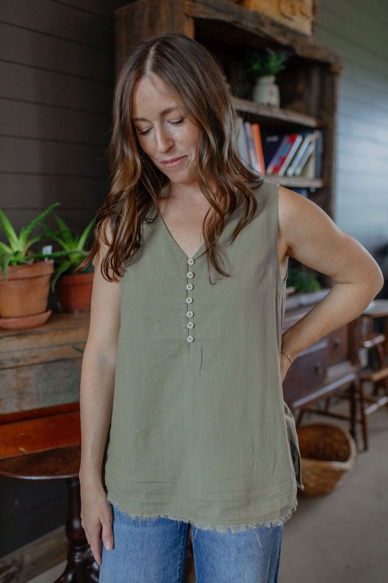 Olive Washed Button Front Detailed Tunic Tank- Rustic Honey – Rustic Honey