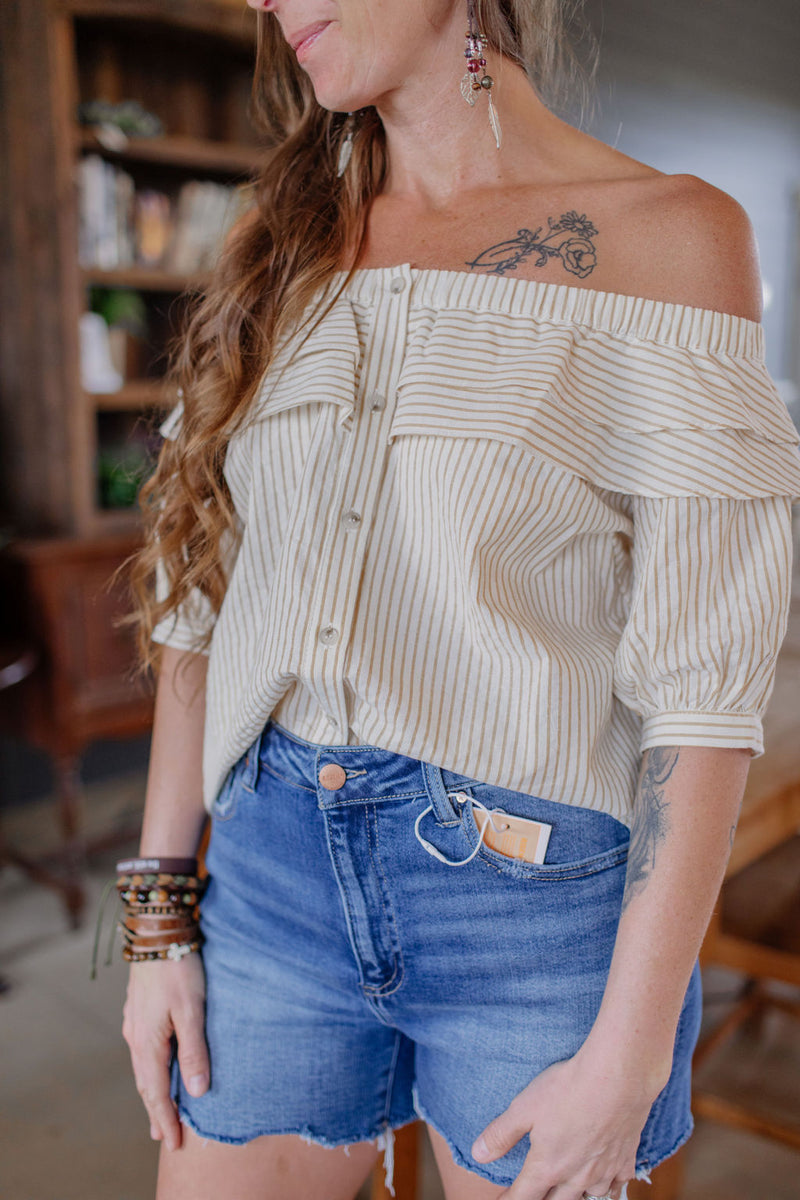 Cotton Striped Off Shoulder Button Down Top- Rustic Honey – Rustic Honey